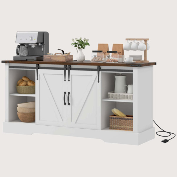Gracie Oaks Sideboard Buffet Cabinet With Charging Station, 59" Farmhouse Coffee Bar Cabinet ...